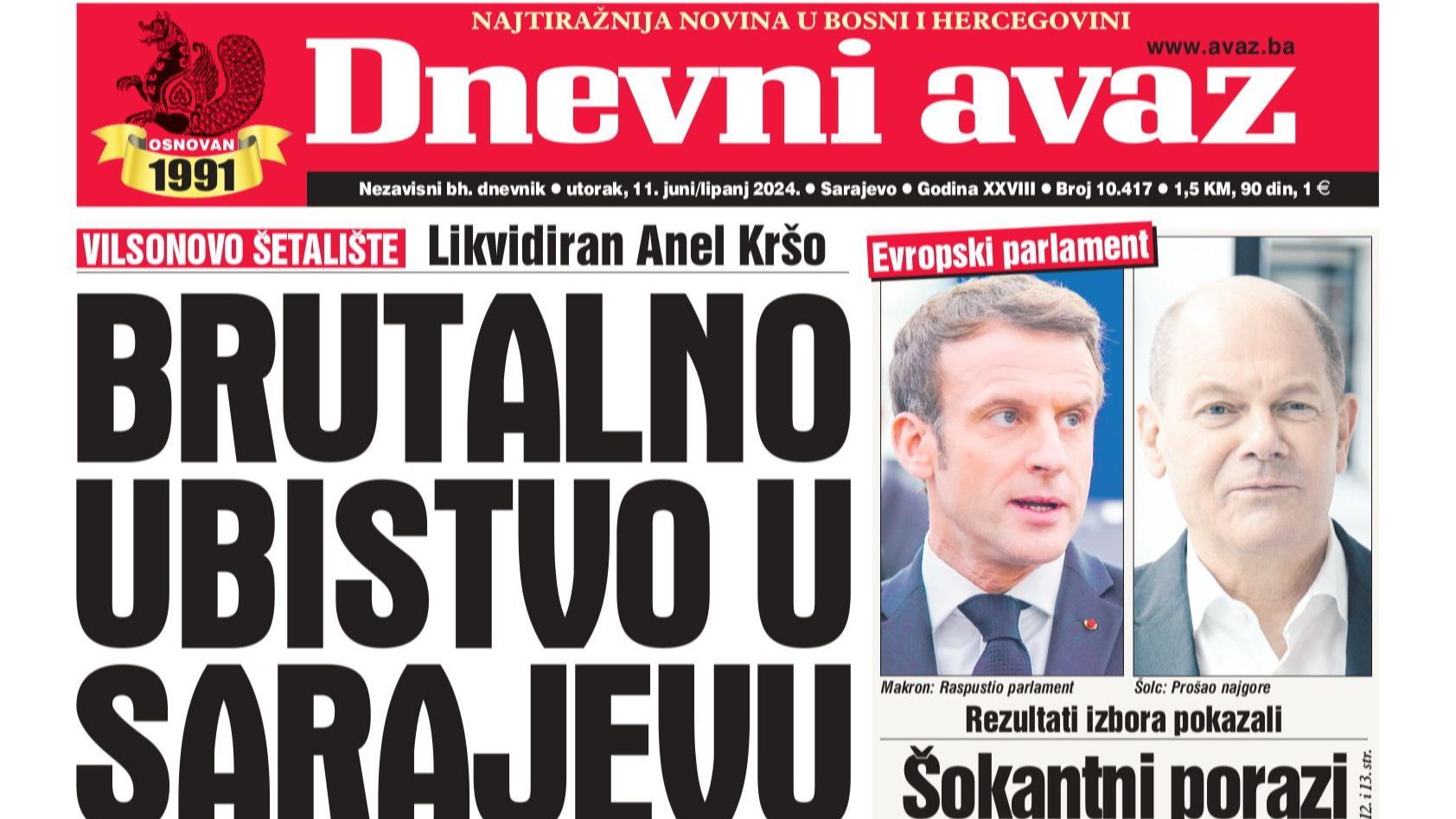 U današnjem "Dnevnom avazu" čitajte: Brutalno ubistvo u Sarajevu