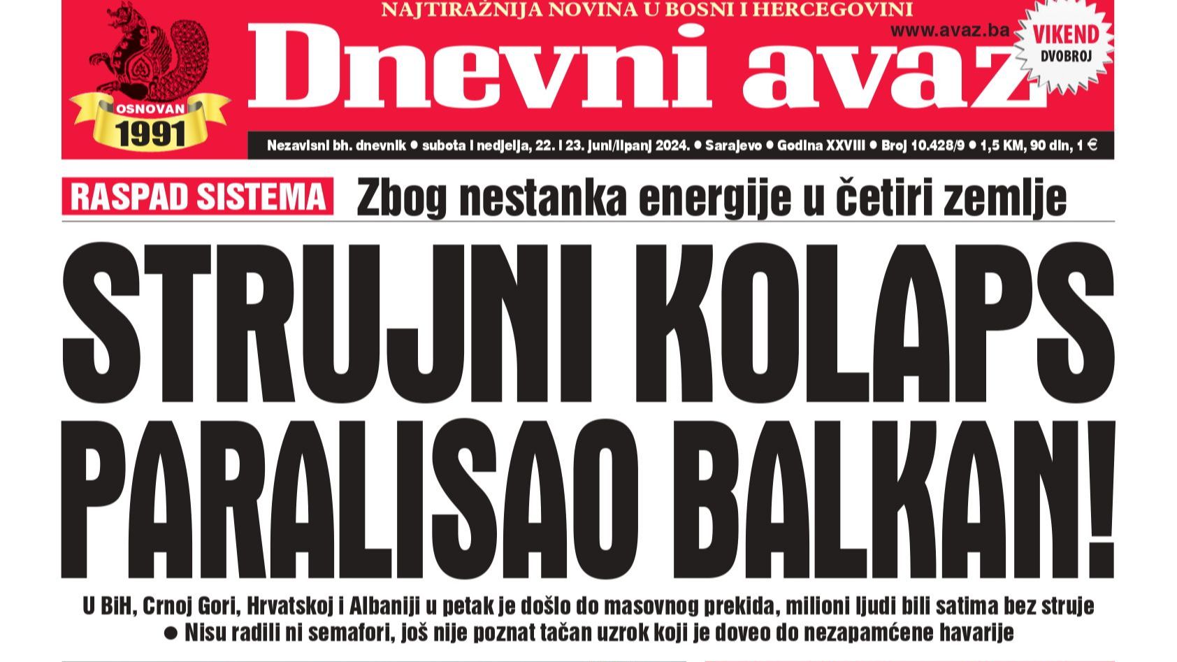 U današnjem "Dnevnom avazu" čitajte: Strujni kolaps paralisao Balkan