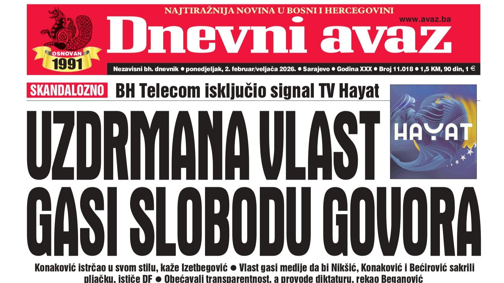 U današnjem "Dnevnom avazu" čitajte: Uzdrmana vlast gasi slobodu govora