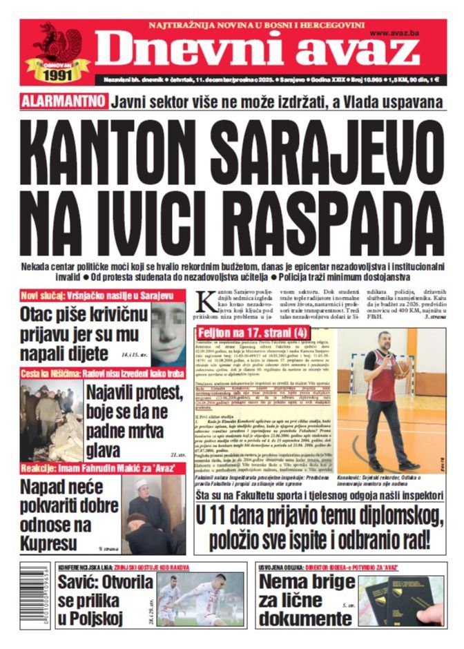 U današnjem "Dnevnom avazu" čitajte: Kanton Sarajevo na ivici raspada